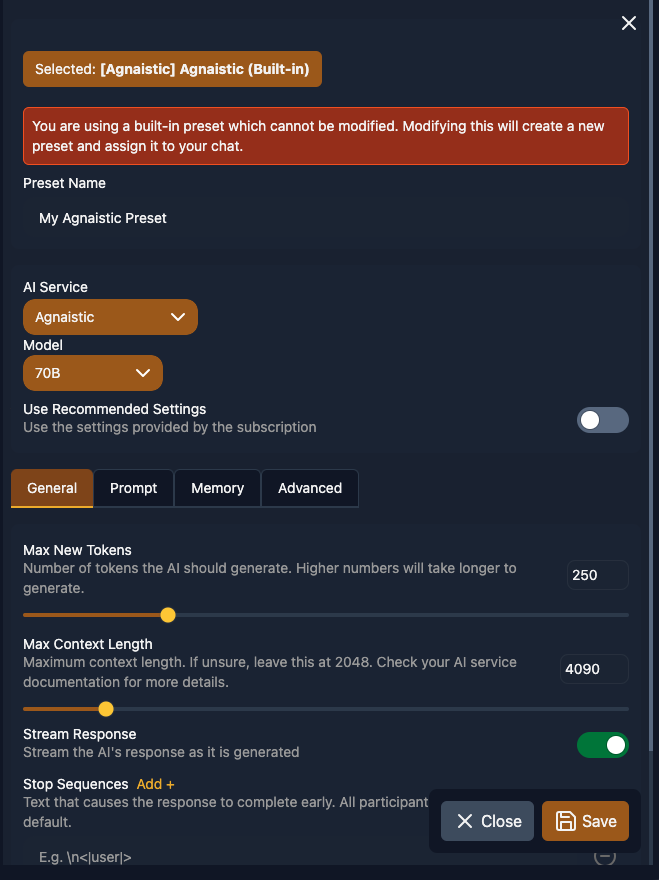 Chat Settings | Agnaistic Guides